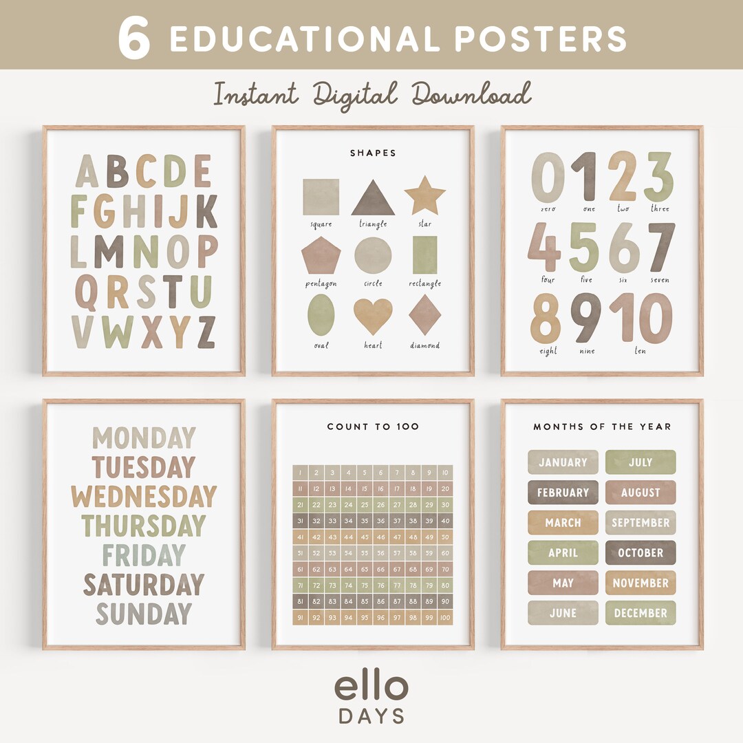 Neutral Educational Posters Set of 6, Boho Classroom Learning Decor ...