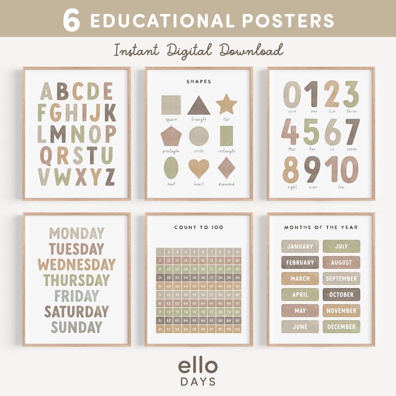 Neutral Educational Posters Set of 6, Boho Classroom Learning Decor ...