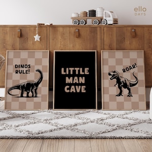 Little Man Cave Dinosaur Wall Art Set of 3 Prints, Dino Boys Room Wall ...
