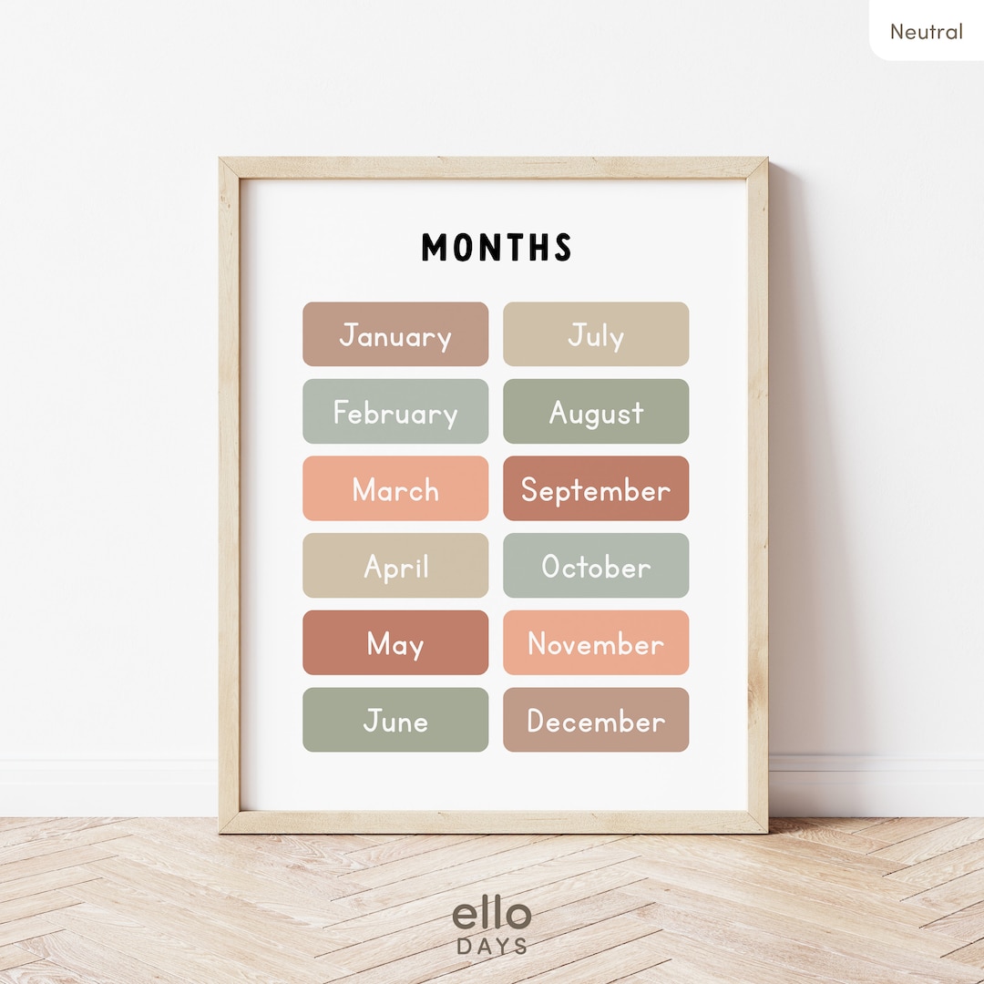 Neutral Months of the Year Classroom Calendar Poster, Educational Wall ...