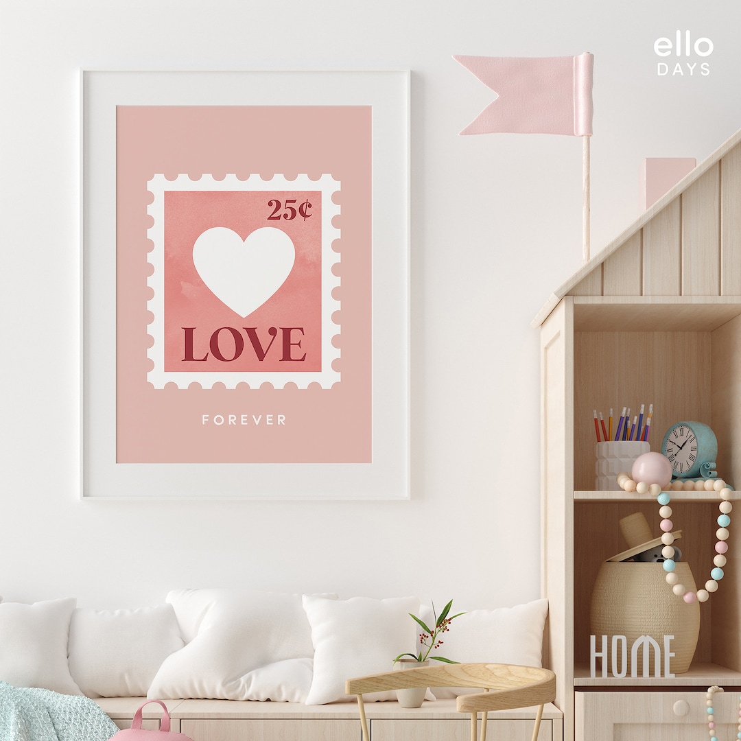 Love Heart Postage Stamp Wall Print, Red and Pink Forever Heart ...