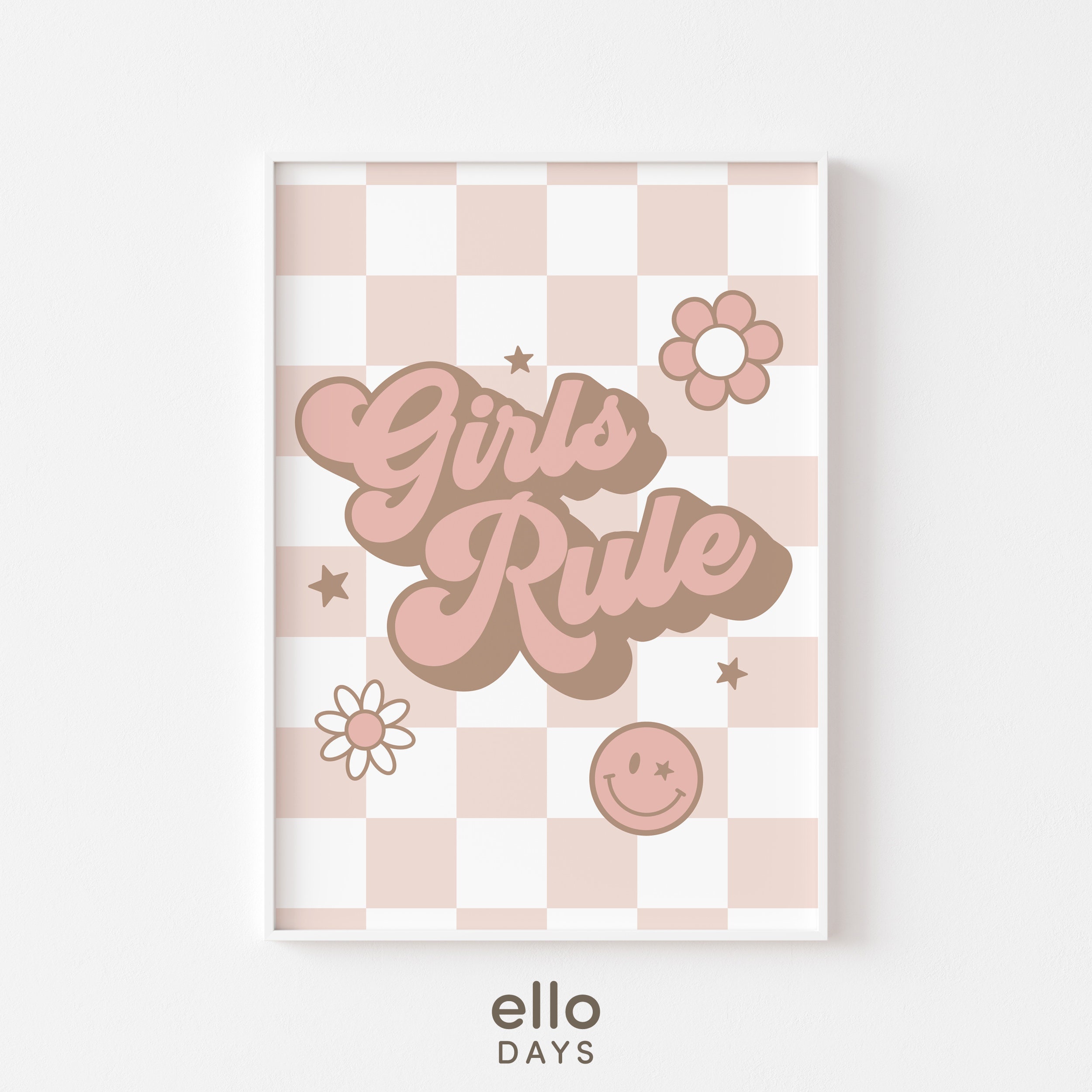 Girls Rule Retro Style Wall Print | Pink Checkered Retro Vintage Smile ...