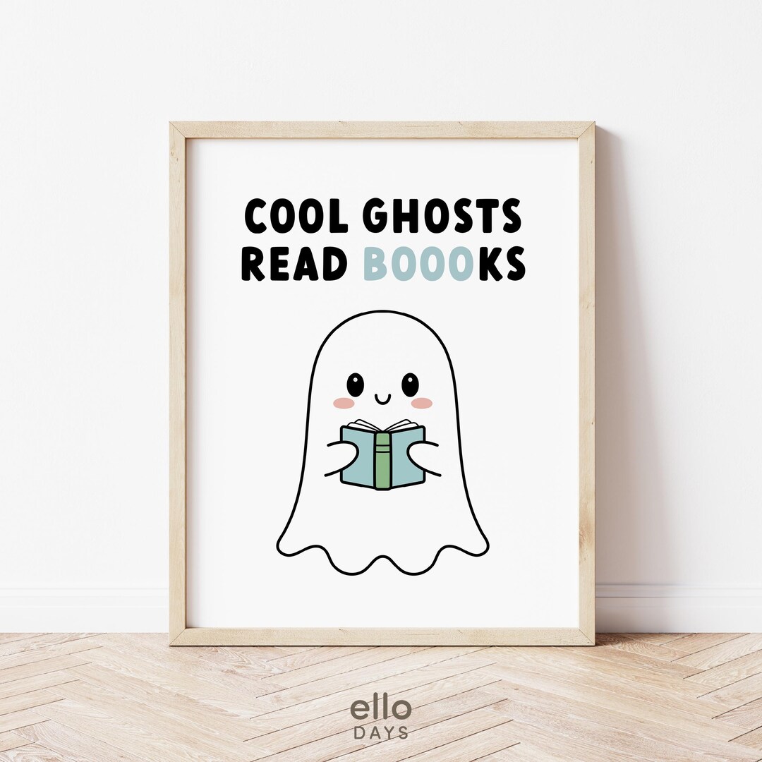 Cool Ghosts Read Books Halloween Poster, Cute Reading Ghost Wall Art ...