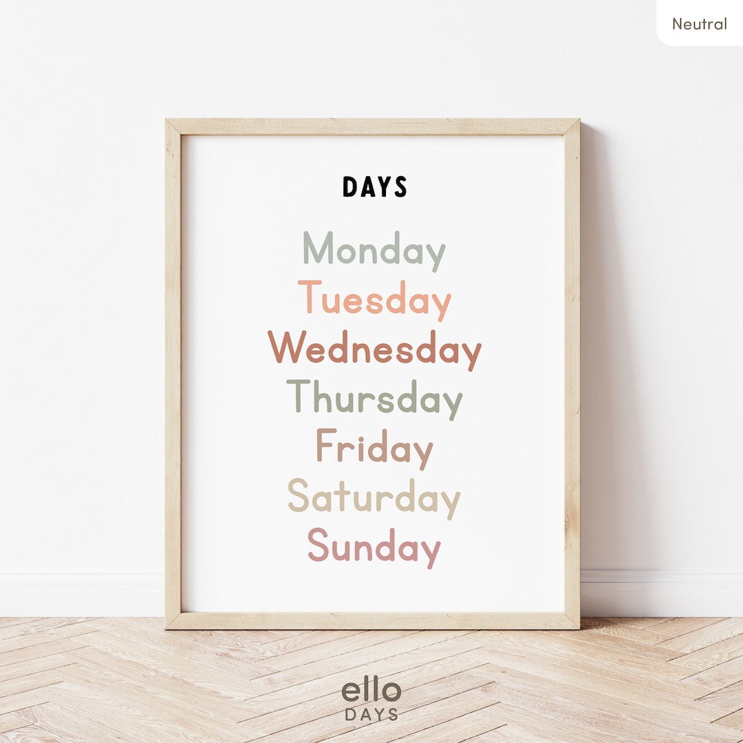 Neutral Days of the Week Educational Poster, Classroom Calendar Days ...