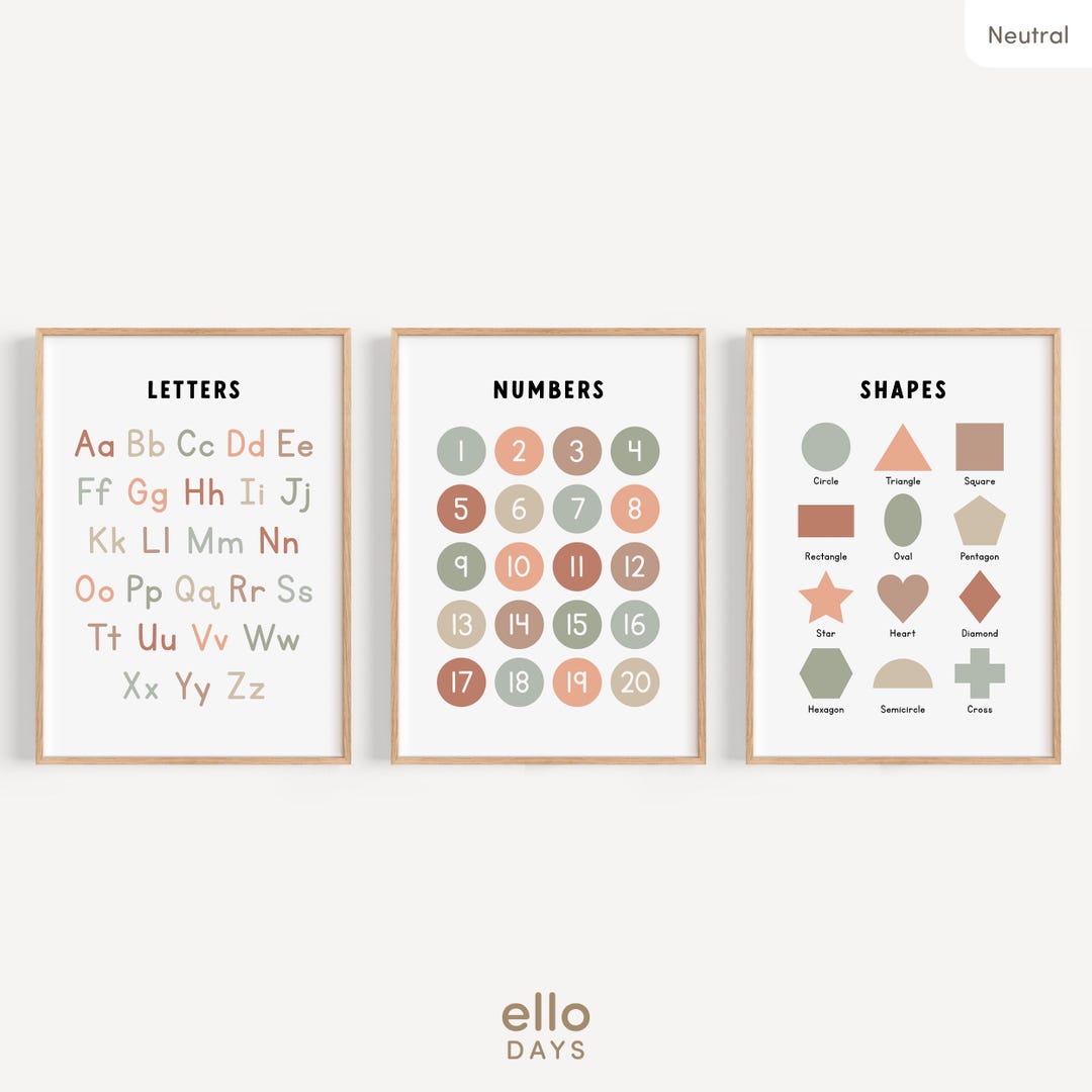 Neutral Alphabet Letters Numbers Shapes Educational Poster Set ...