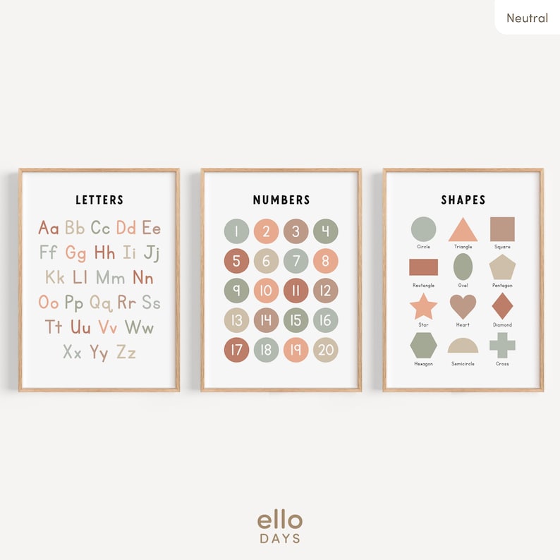 Neutral Alphabet Letters Numbers Shapes Educational Poster Set ...