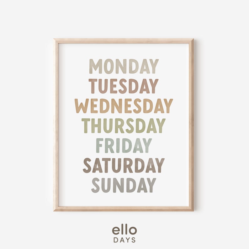 Neutral Days of the Week Printable Wall Art Poster | Educational Poster ...