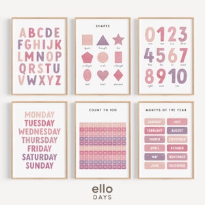 Pink Educational Poster Set of 6, Classroom Poster Bundle, Playroom ...