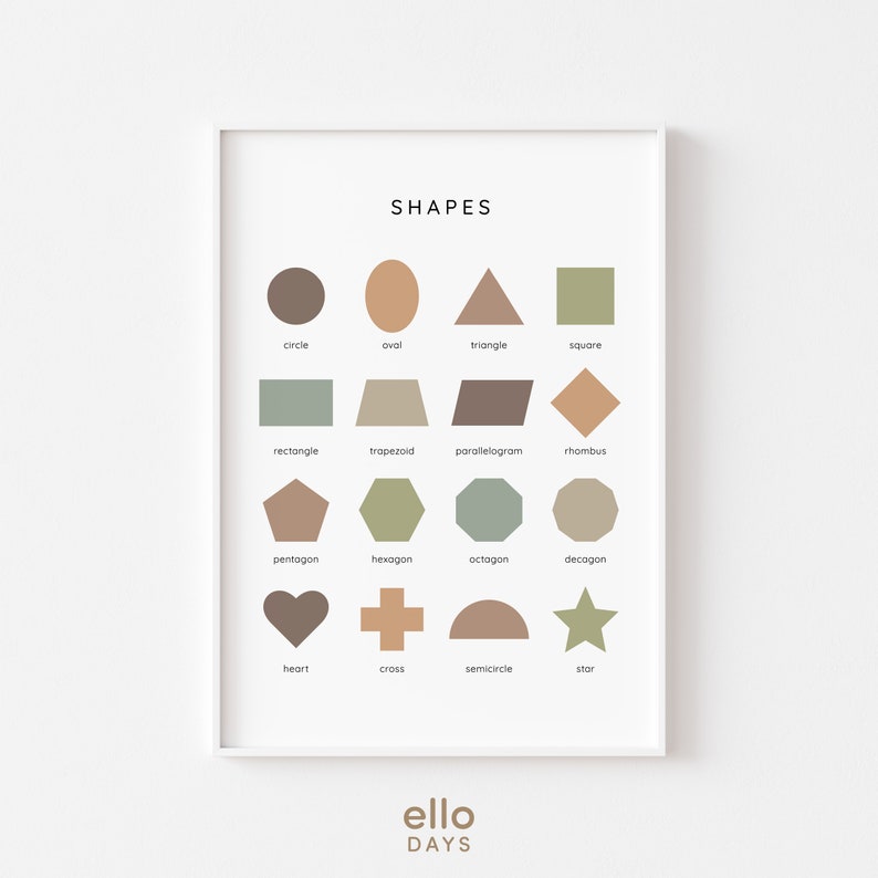 Earth Tone Shapes Educational Poster, 2D Shapes, Neutral Playroom Print ...