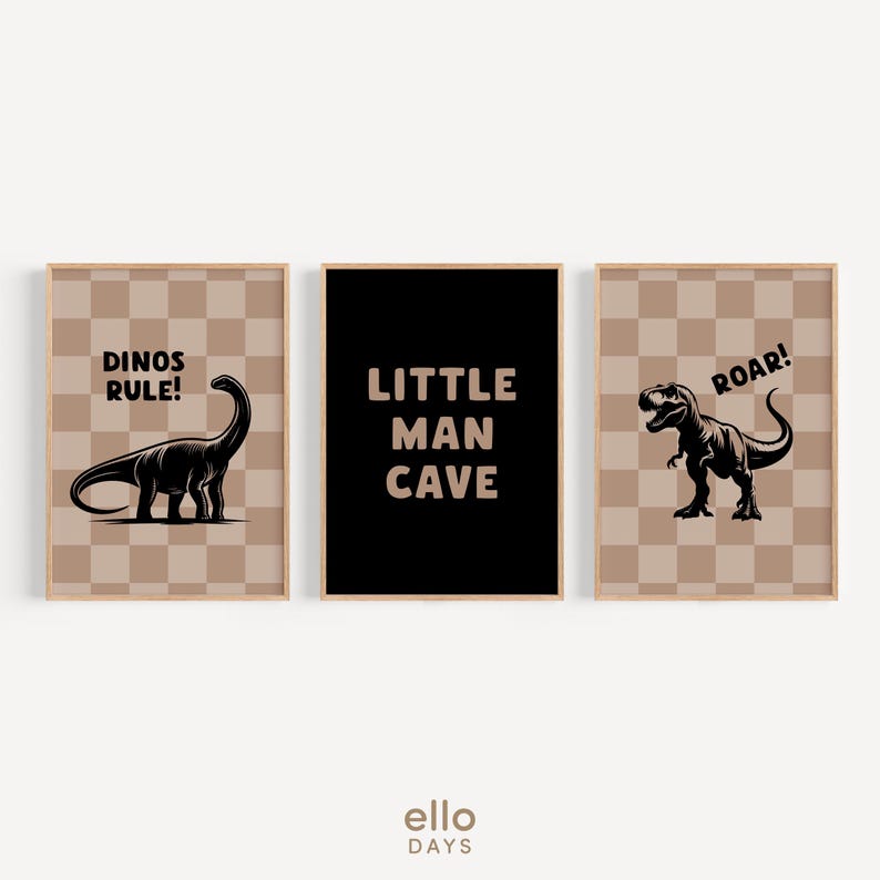 Little Man Cave Dinosaur Wall Art Set of 3 Prints, Dino Boys Room Wall ...