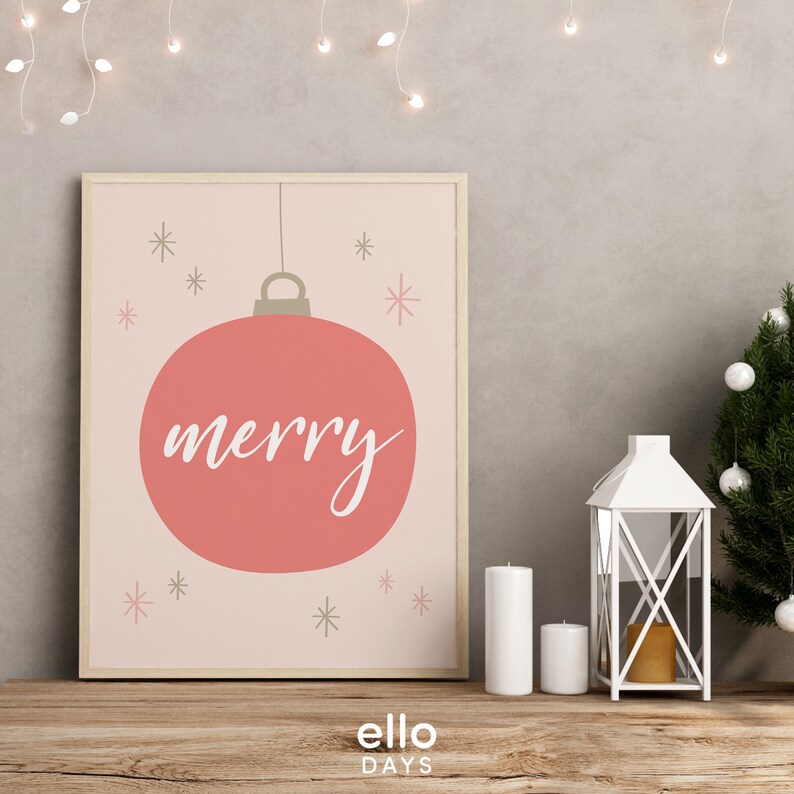 Merry Christmas Ornament Wall Art Printable Boho Christmas Red Bauble ...