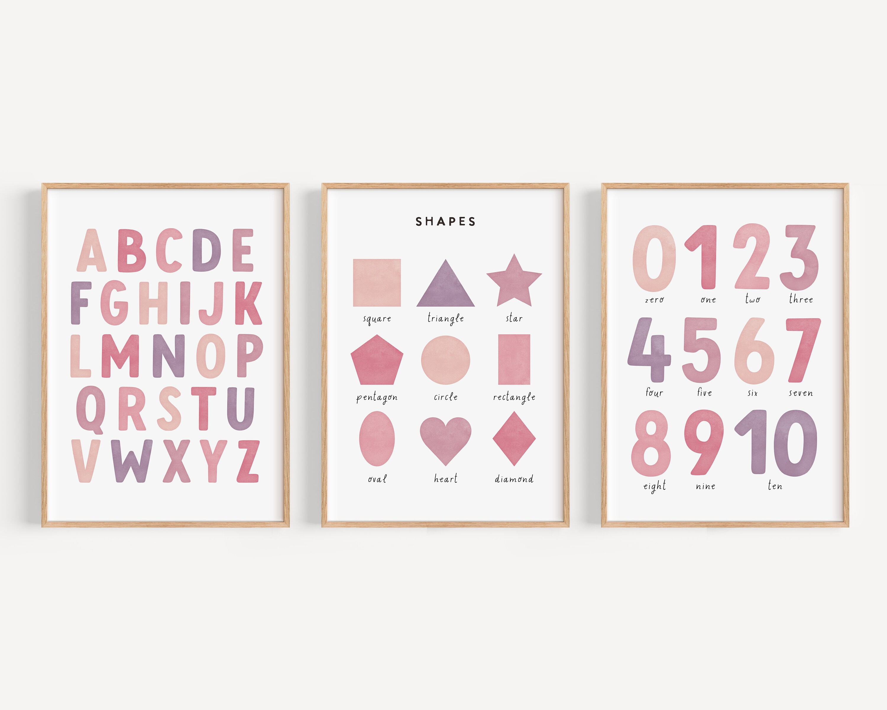 Alphabet Shapes Numbers 1-10 Printable Wall Art Bundle | Pink ...