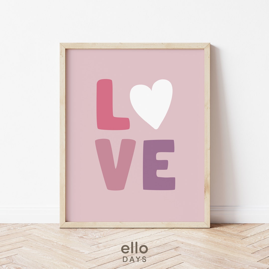 LOVE Wall Art Print, Pink Love Heart Printable Wall Decor, Valentine ...