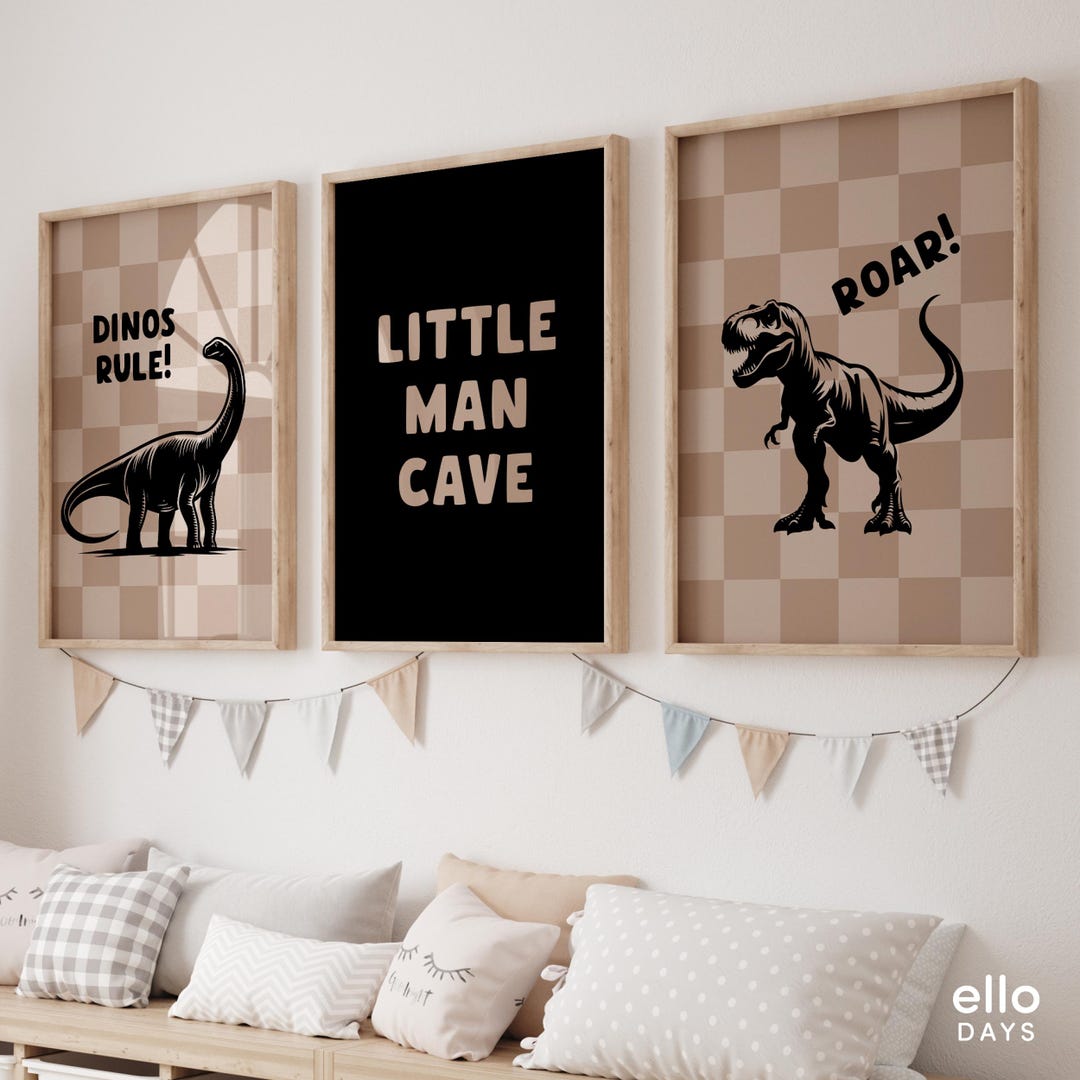 Little Man Cave Dinosaur Wall Art Set of 3 Prints, Dino Boys Room Wall ...