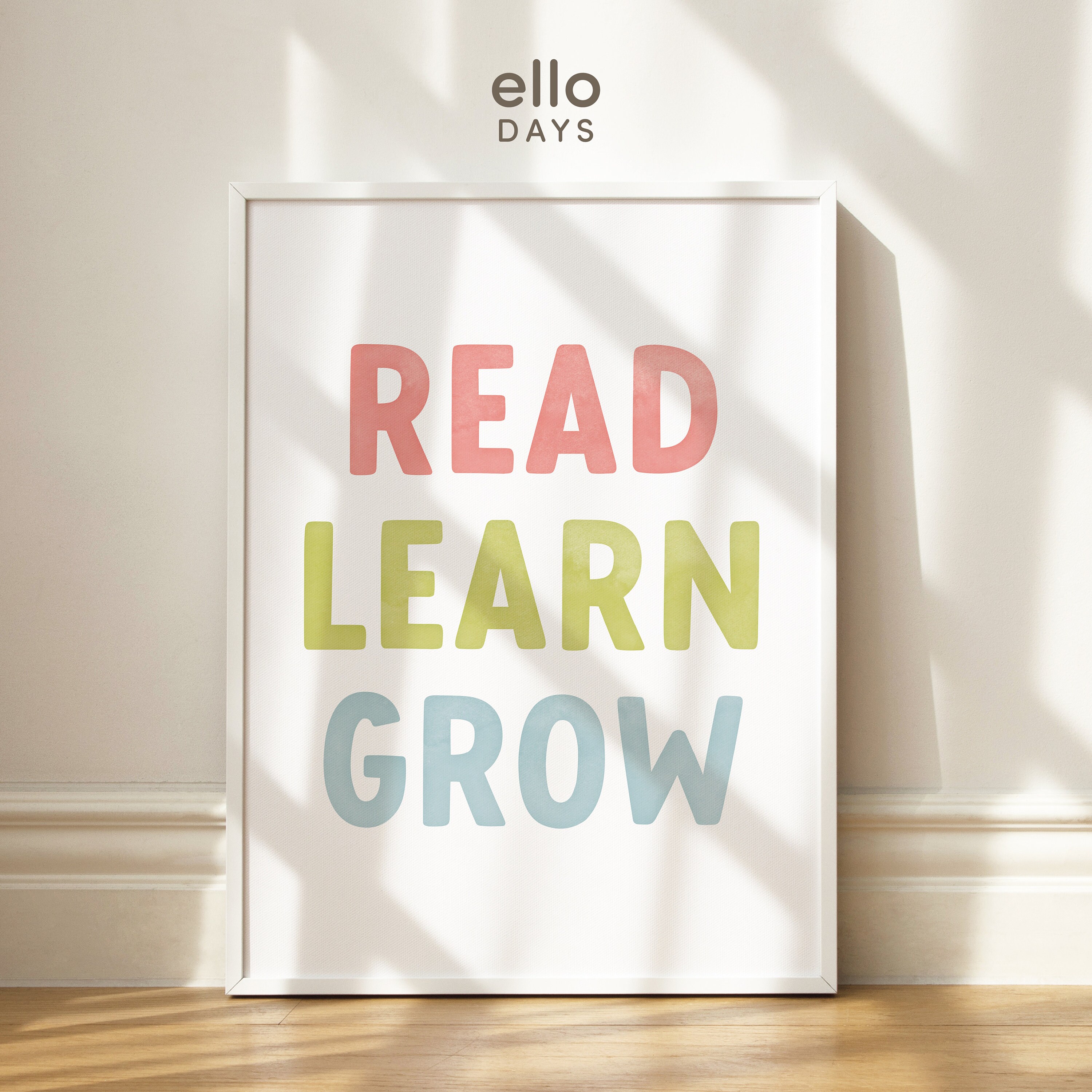 Read Learn Grow Printable Wall Art Poster Rainbow Playroom Toddler Kids ...