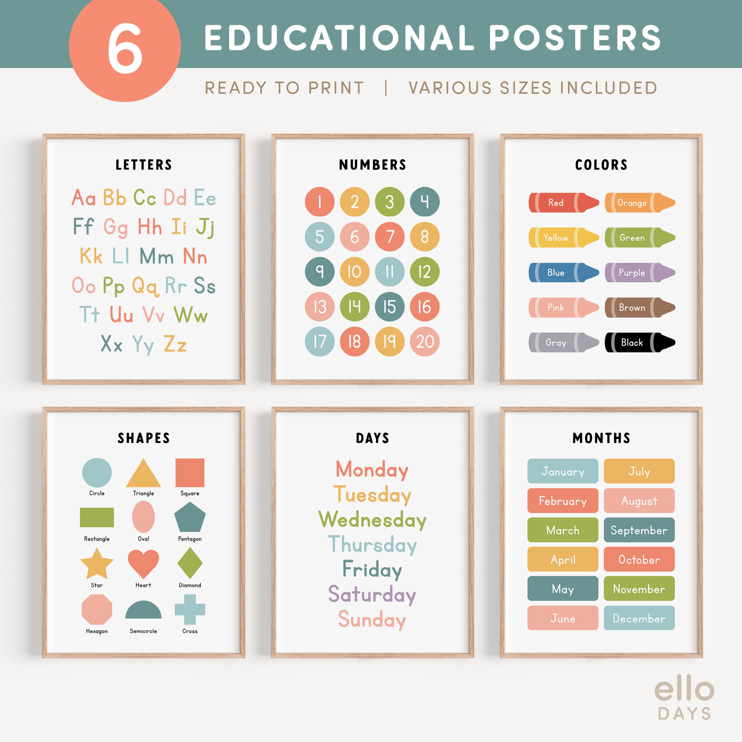 Educational Posters Set of 6, Classroom Homeschool Prints, Montessori ...