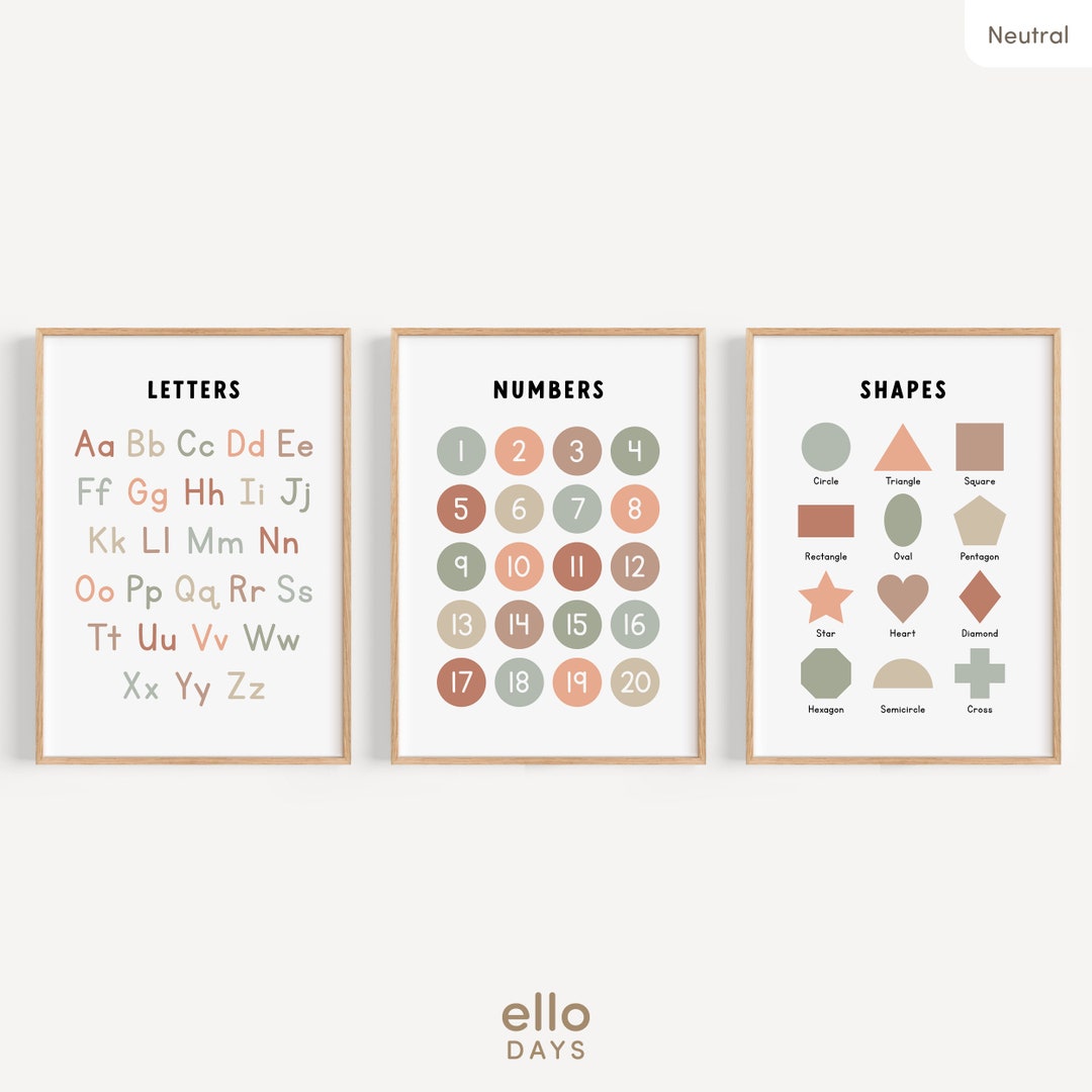 Neutral Alphabet Letters Numbers Shapes Educational Poster Set ...