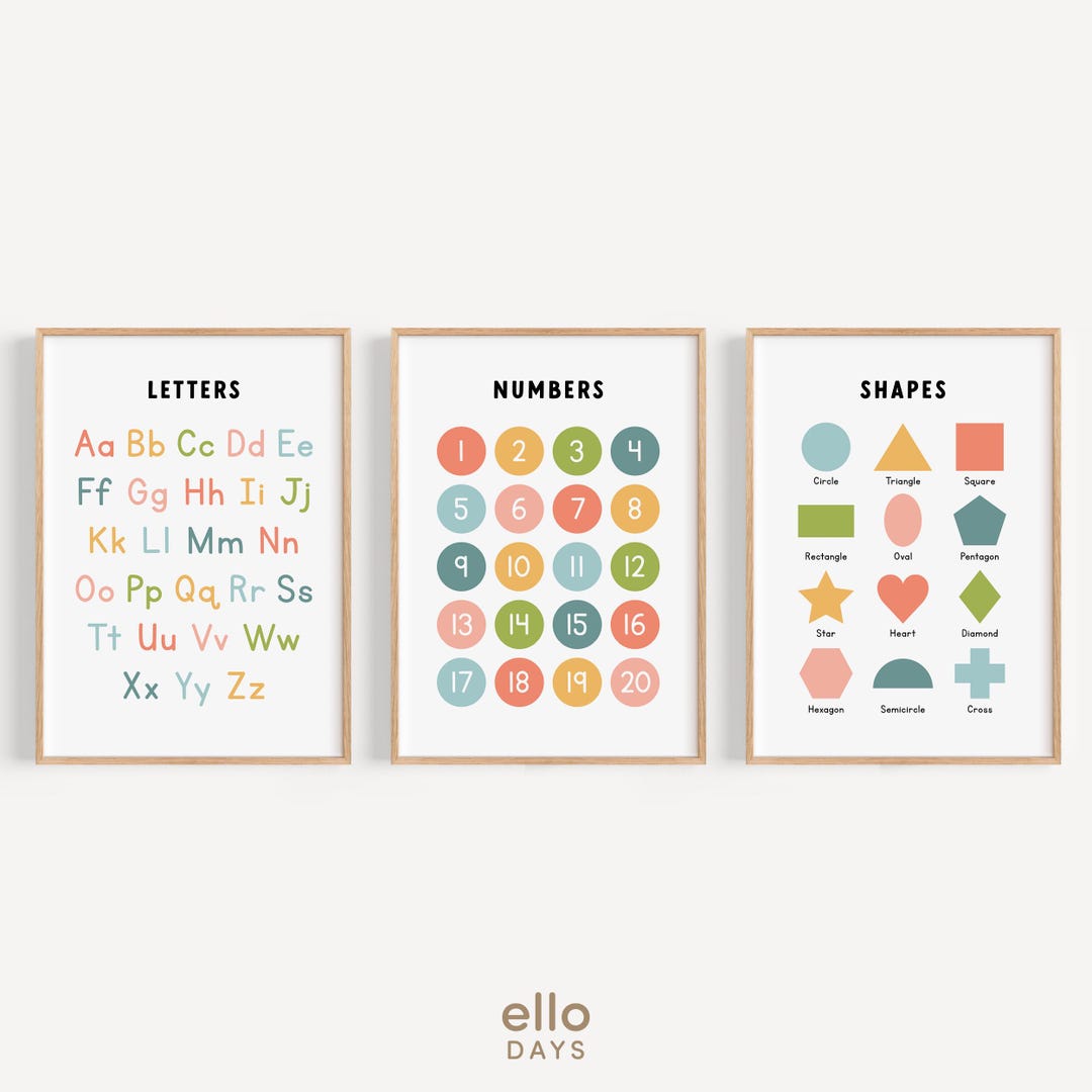 Educational Poster Set of 3, Alphabet Letters Numbers Shapes Wall Print ...