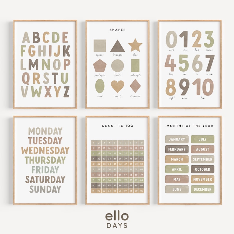 Neutral Educational Posters Set of 6, Boho Classroom Learning Decor ...