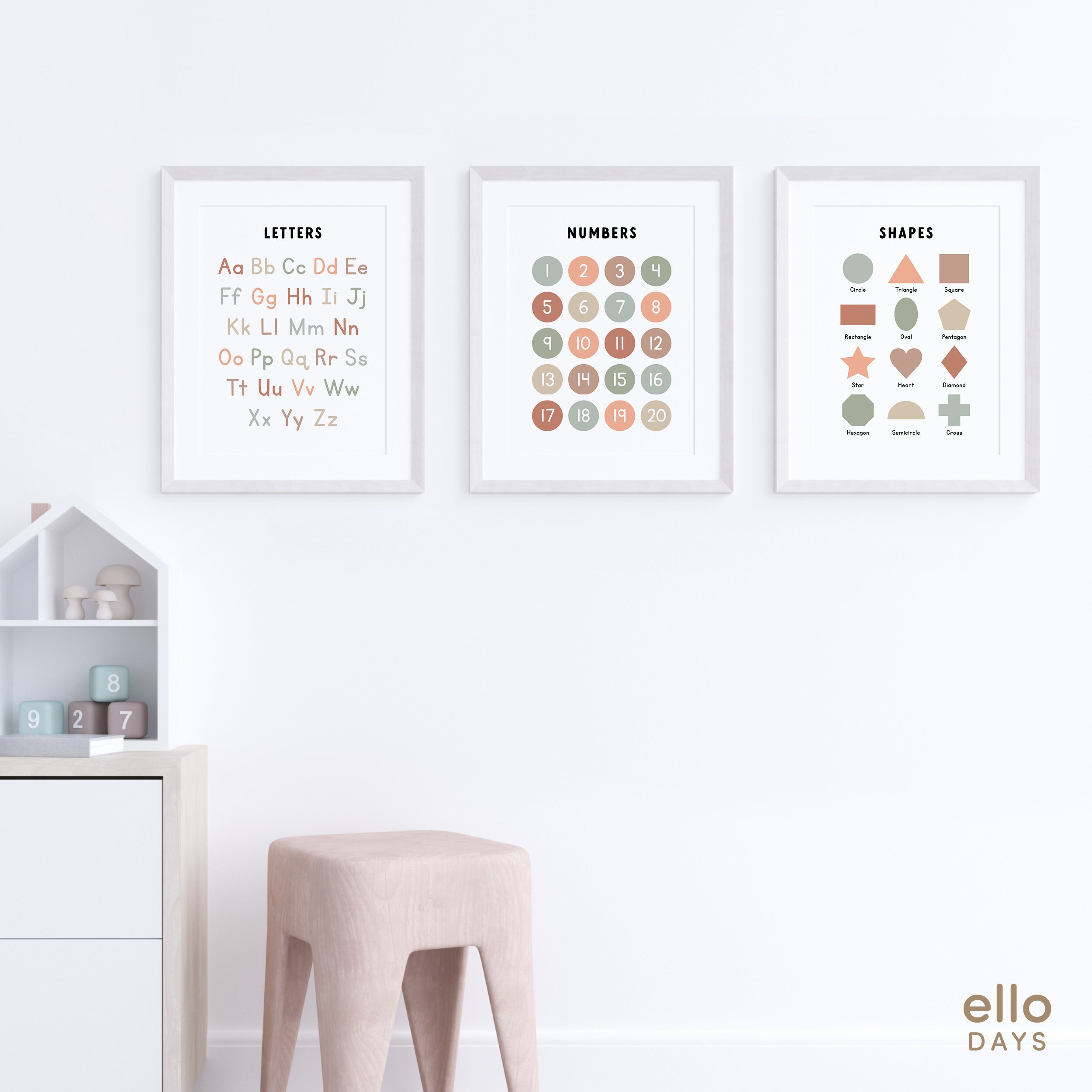 Neutral Alphabet Letters Numbers Shapes Educational Poster Set ...