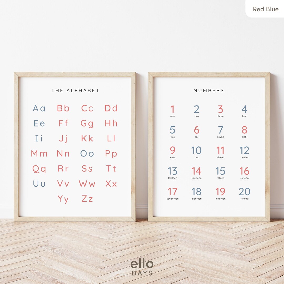 Minimalist Alphabet Numbers Educational Wall Art Set of 2 Posters, Red ...