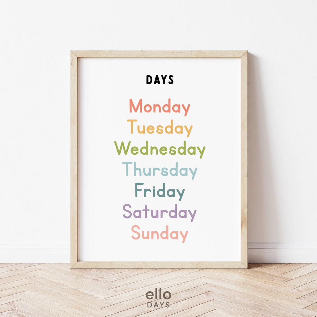 Days of the Week Educational Poster, Classroom Days Wall Print, Toddler ...