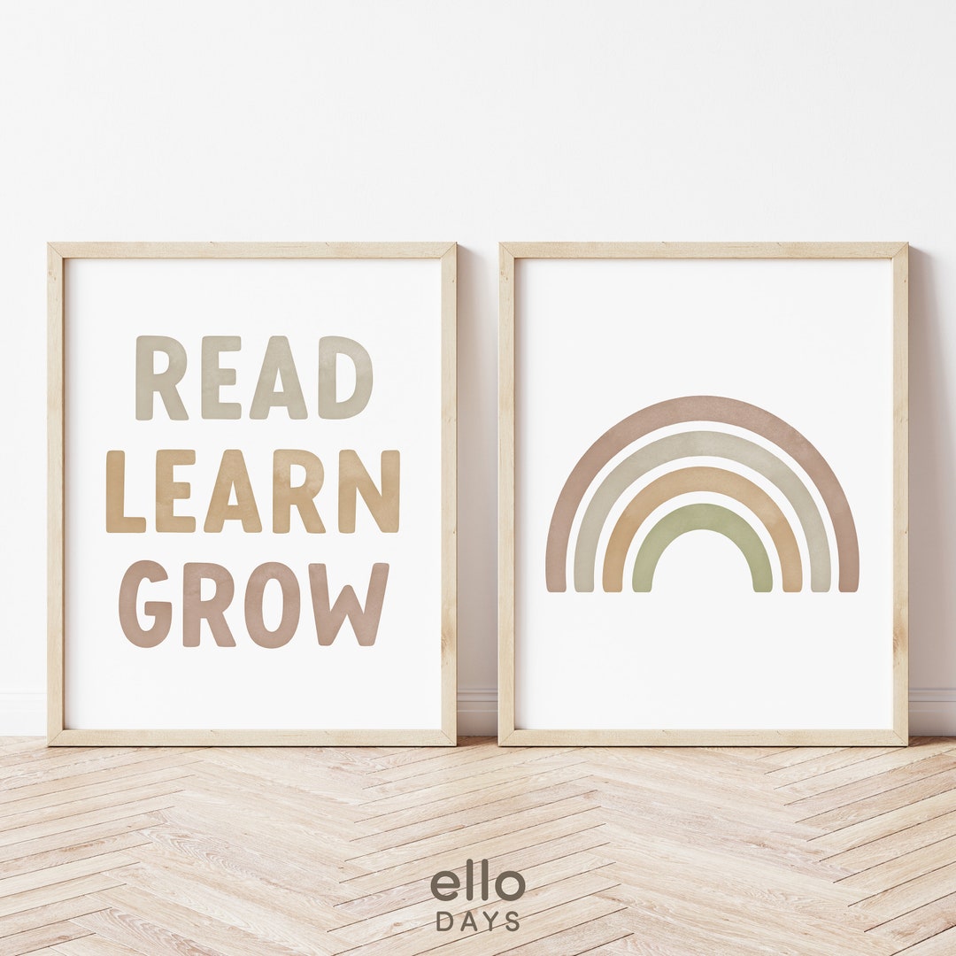Read Learn Grow & Rainbow Printable Wall Art Poster Bundle | Neutral ...