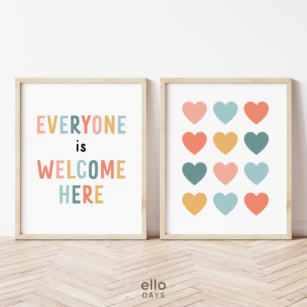 Everyone is Welcome Here Rainbow Hearts Classroom Poster Set, Preschool ...
