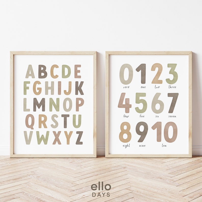 Neutral Alphabet Numbers 1-10 Printable Wall Art Bundle Educational ABC ...