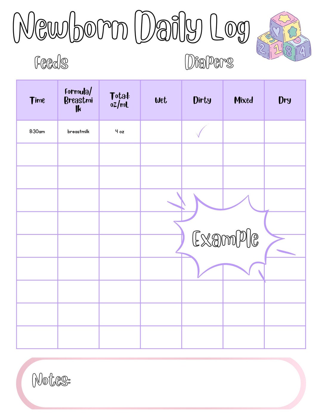 Newborn Daily Log Infant Log Bottle Fed Log Breastfeeding Log Instant ...