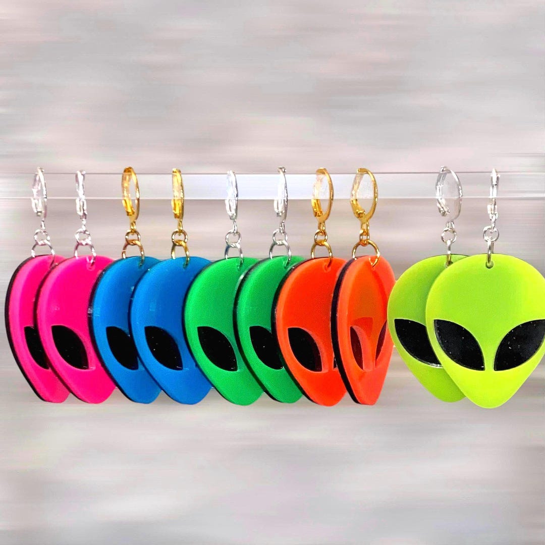 Neon “alien Babe” Earrings/alien Head Earrings/funky Neon Earrings - Etsy