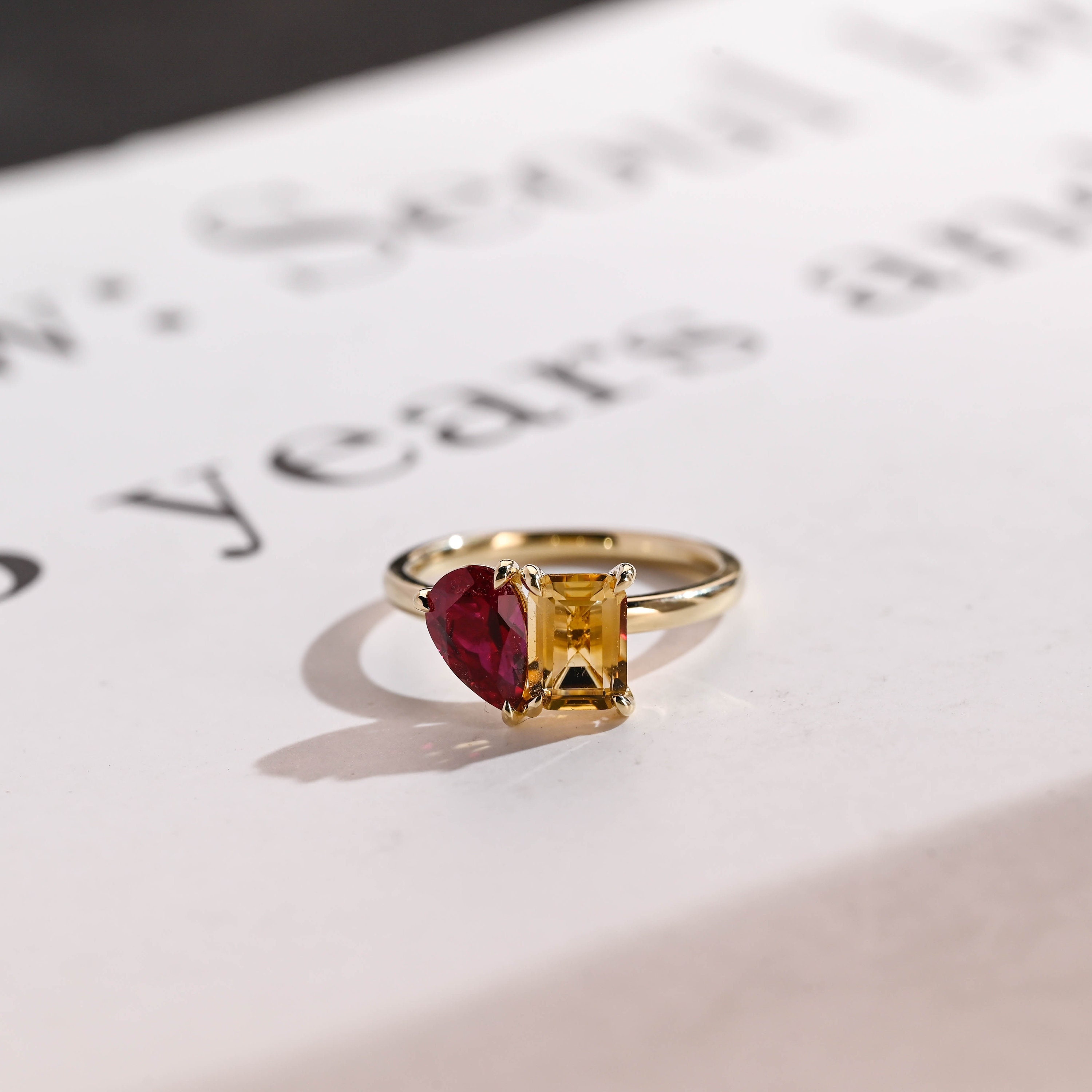 Toi Et Moi Pear Cut Ruby & Emerald Cut Citrine Engagement Ring, Solid Gold Two Stone Wedding ...