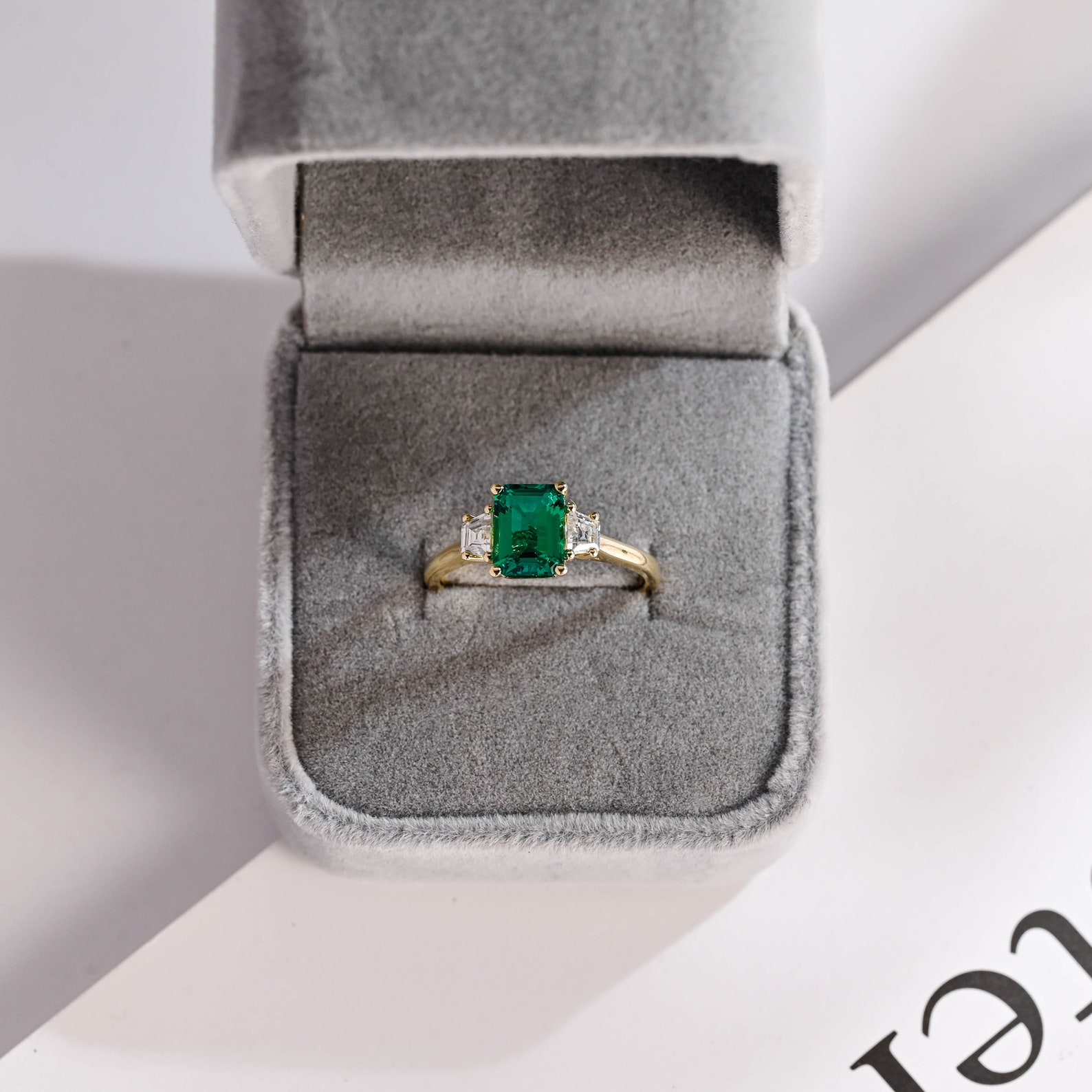 Solid Gold Emerald & Trapezoid Cut Moissanite Engagement Ring ...