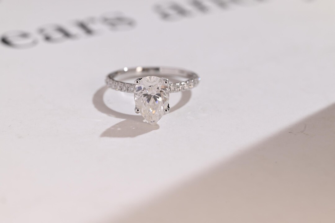 Solid Gold Tulip Flower Pave Pear Moissanite Engagement Ring, Promise ...