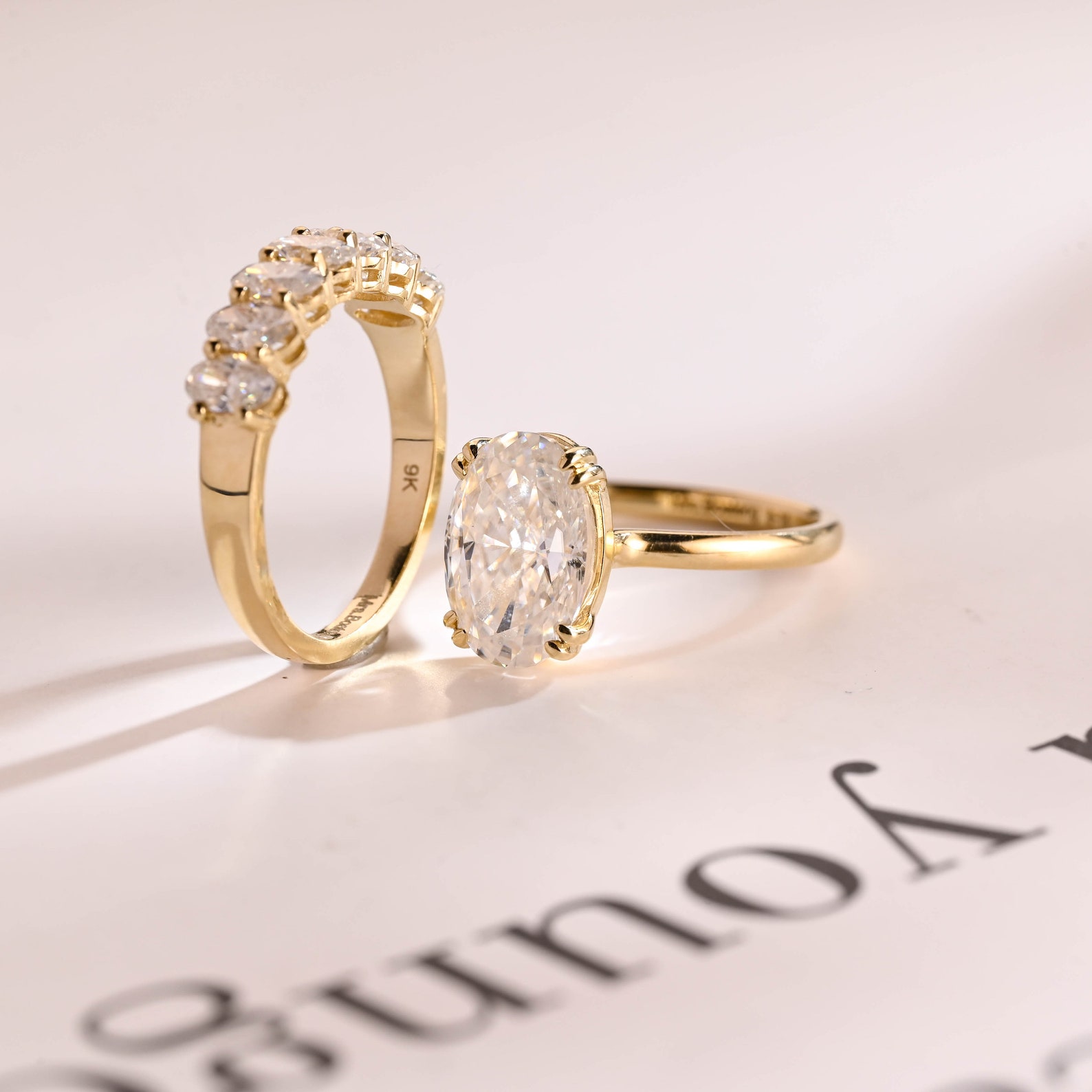 Solid Gold Double Claws Oval Moissanite Engagement Ring Set, RS-0103-2 ...