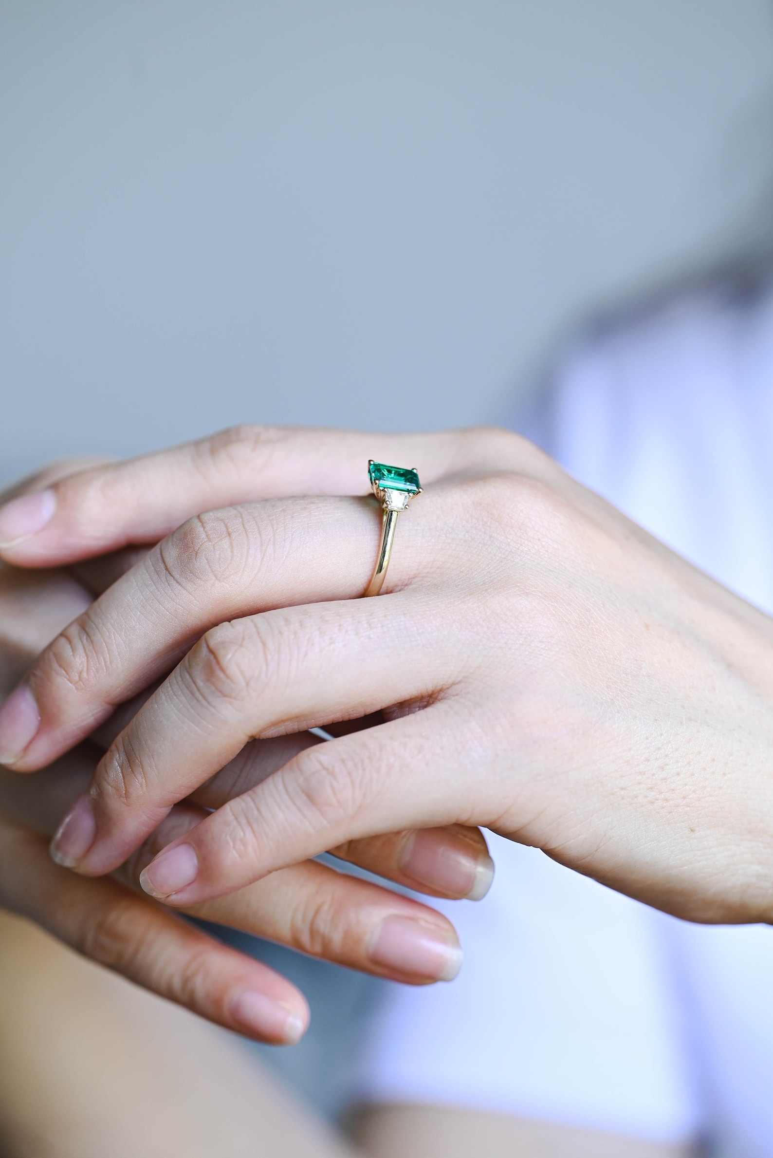 Solid Gold Emerald & Trapezoid Cut Moissanite Engagement Ring ...