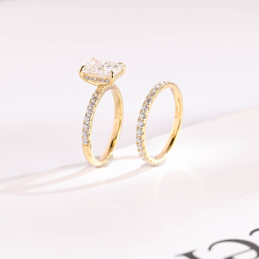 14K Solid Gold Radiant Cut Moissanite Wedding Band Set/ Matching Band ...