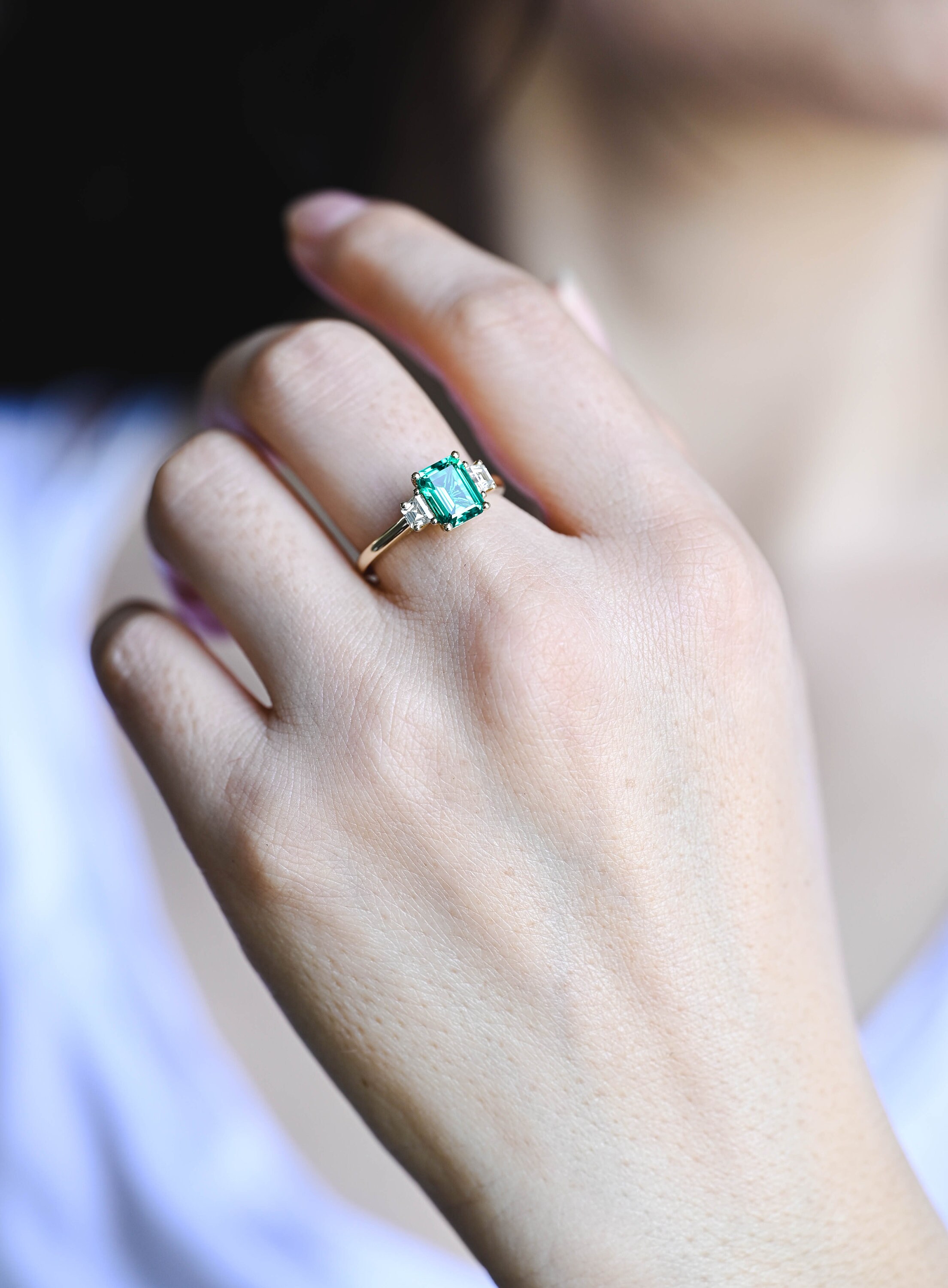 Solid Gold Emerald & Trapezoid Cut Moissanite Engagement Ring ...