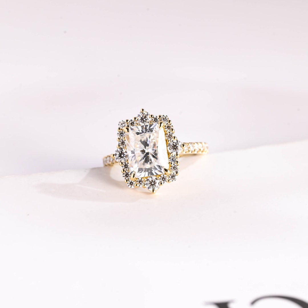 Solid Gold Radiant Cut Moissanite Engagement Ring, Half Eternity ...