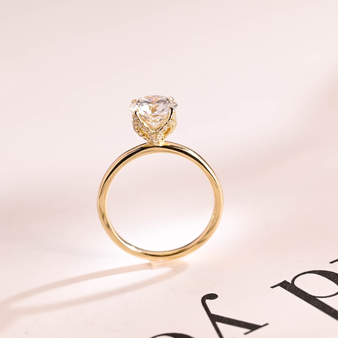 Solid Gold Tulip Floral Hidden Halo Round Moissanite Engagement Ring ...