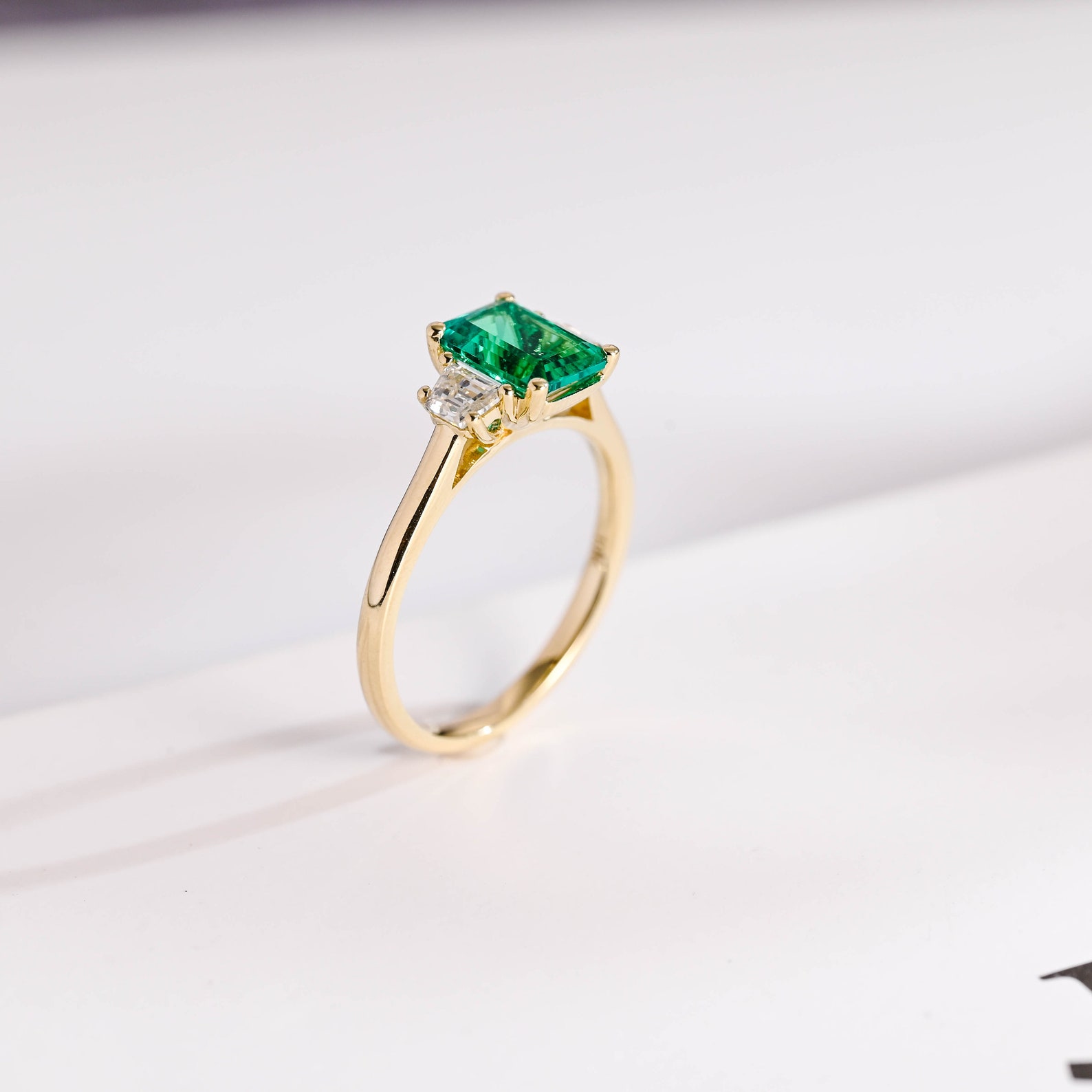 Solid Gold Emerald & Trapezoid Cut Moissanite Engagement Ring ...
