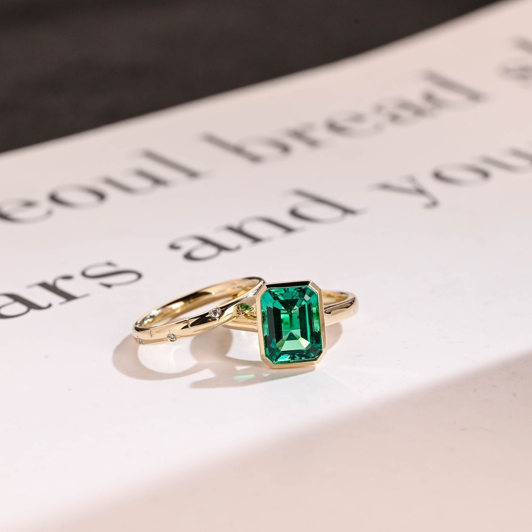 Lab Grown Emerald Wedding Band Set/ 9K/14K/18K Solid Gold Star Engraved ...