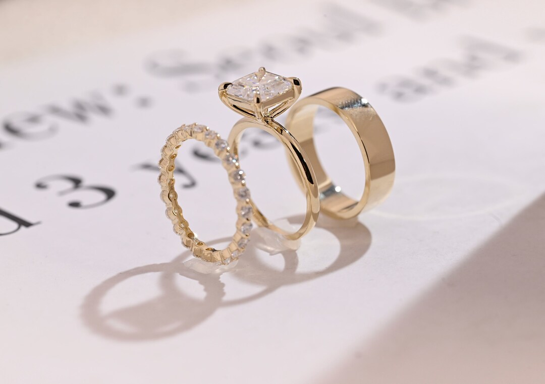 Three Ring Bridal Sets, Solid Gold Asscher Moissanite Wedding Band Set ...