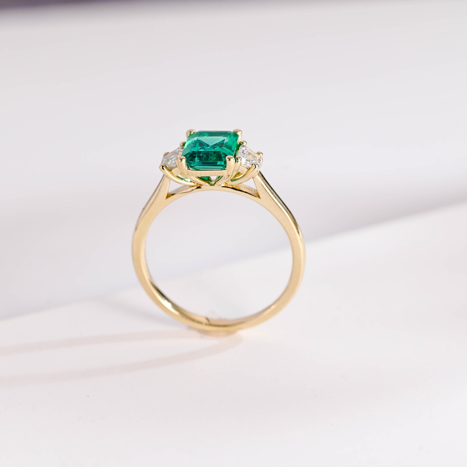 Solid Gold Emerald & Trapezoid Cut Moissanite Engagement Ring ...