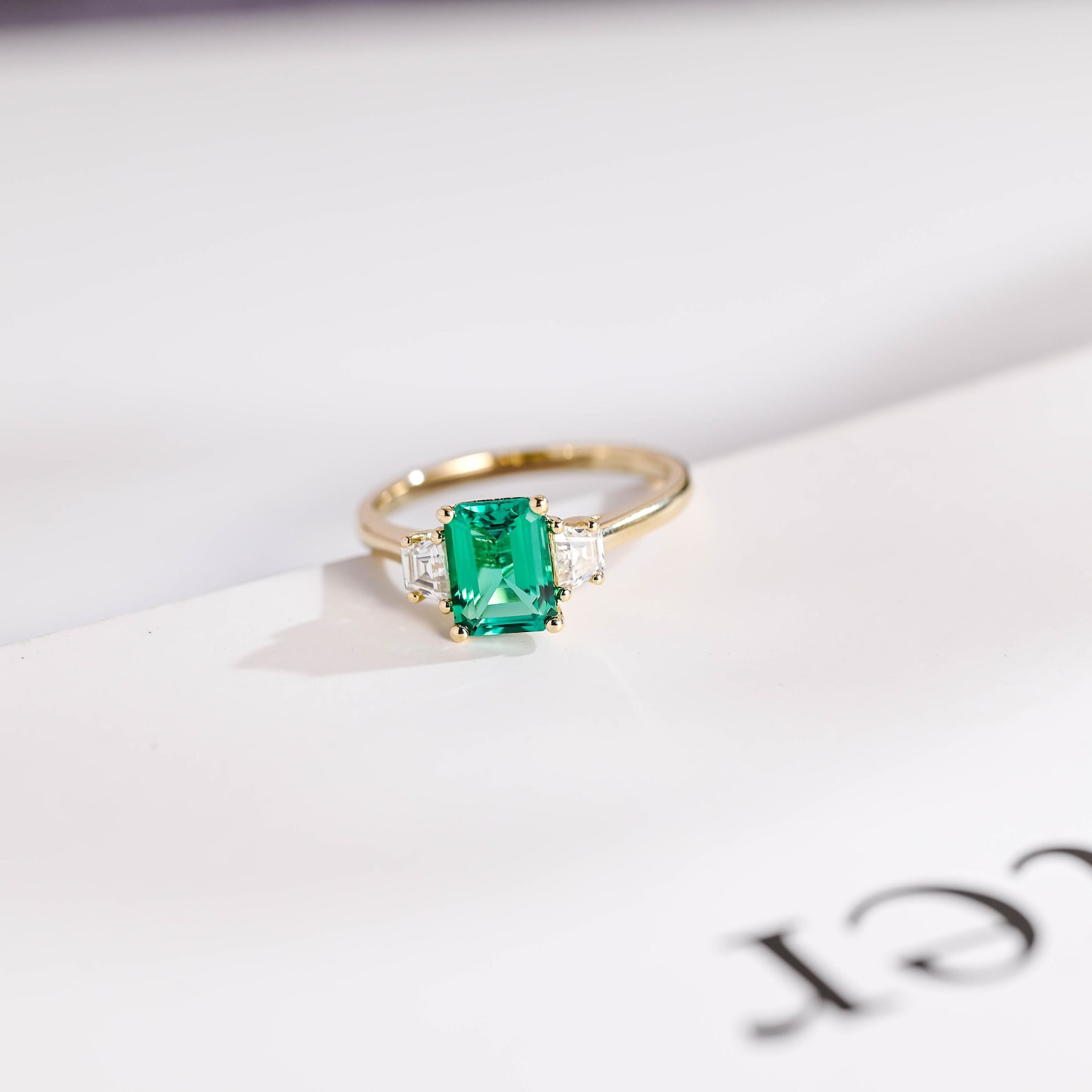 Solid Gold Emerald & Trapezoid Cut Moissanite Engagement Ring ...