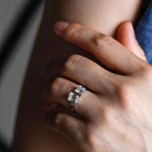 Solid Gold Toi Et Moi Clear Emerald & Asscher Cut Moissanite Engagement ...