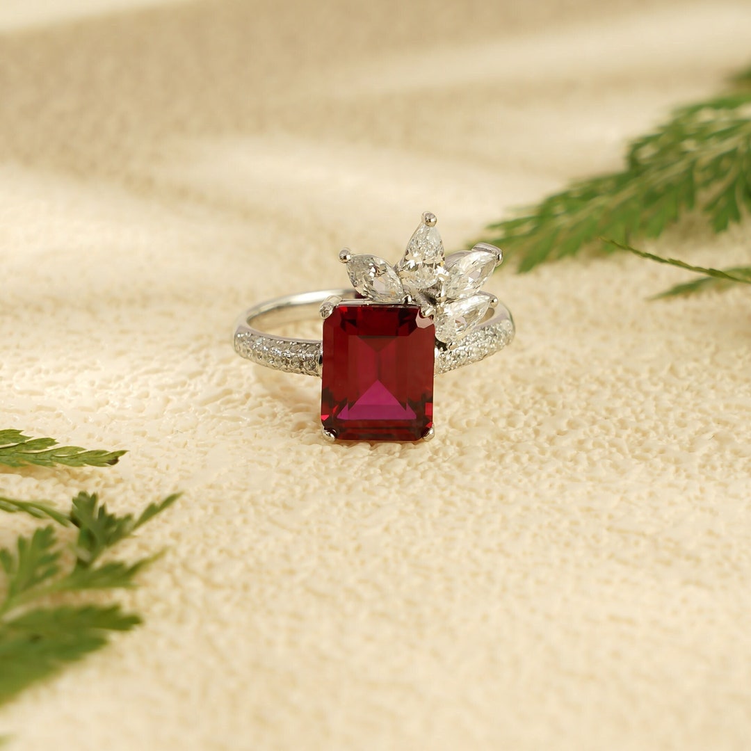 Lab Grown Emerald Cut Ruby Engagement Ring With Pear & Marquise Cut ...