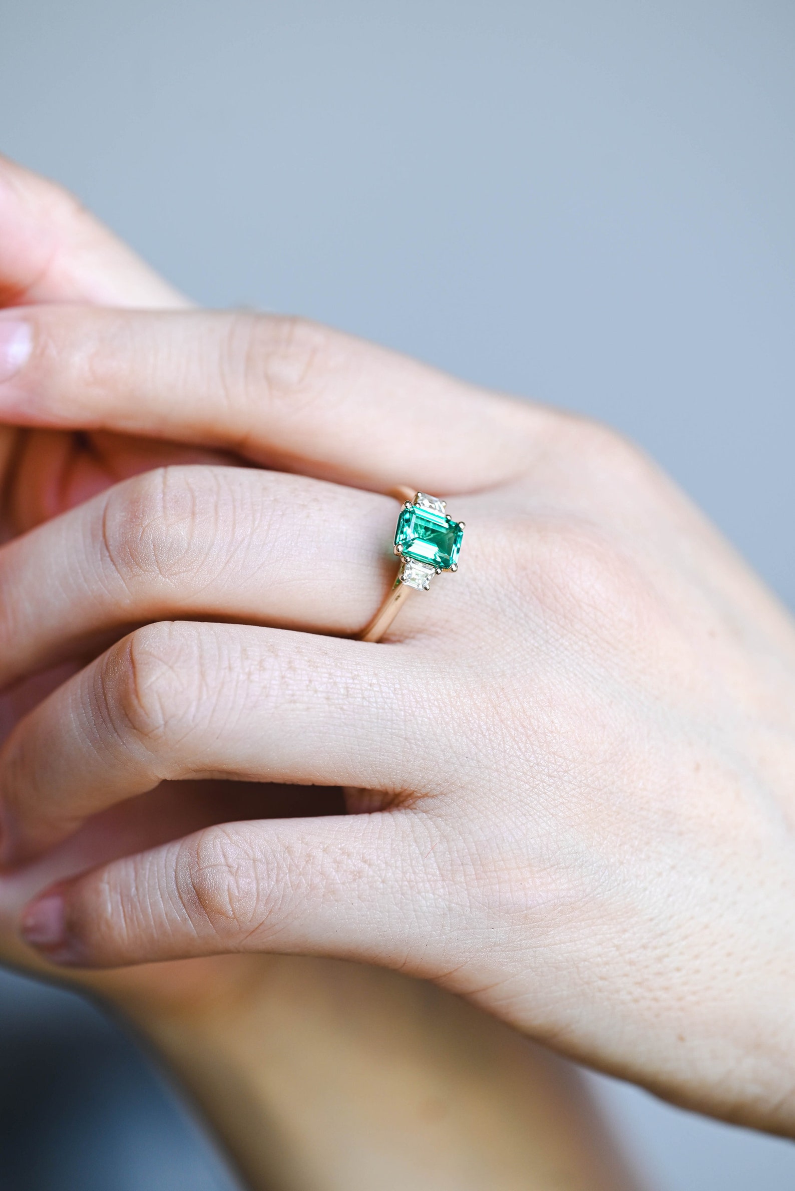 Solid Gold Emerald & Trapezoid Cut Moissanite Engagement Ring ...