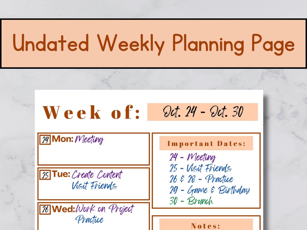 Undated Weekly Planning Page - Instant Download - Use It Digitally or ...