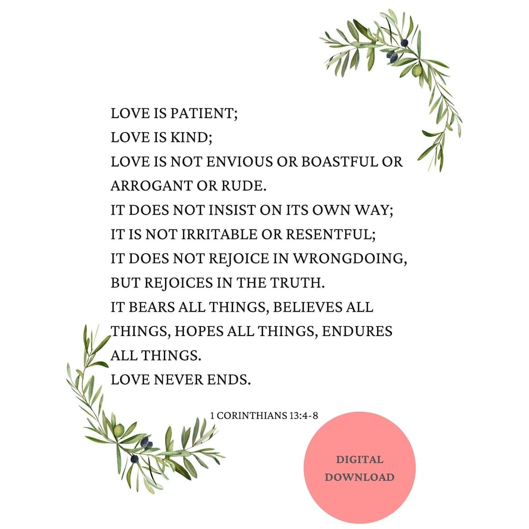 1 Corinthians 13:4-8 Bible Verse Printable Bible Quote Scripture Wall ...